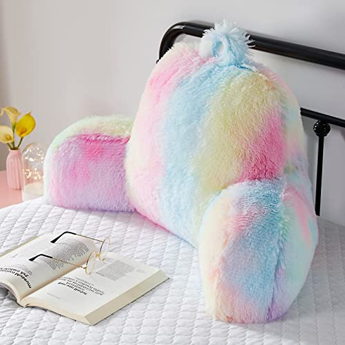 Jillche Bed Fluffy Fur Reading Pillow for Adults & Kids Unisize, Stylish College Essentials for Girls, Fuzzy Back Pillow for Sitting in Bed, Adorable Gift for Teens, Bed Rest Sit Up Arm Support Pillow