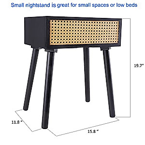 Rattan Nightstand, Small End Table with Storage (No Assembly Required), Black Side Tables Bedside Table Mid-Century Modern Style Coffee Table for Living Room Bedroom Balcony Office