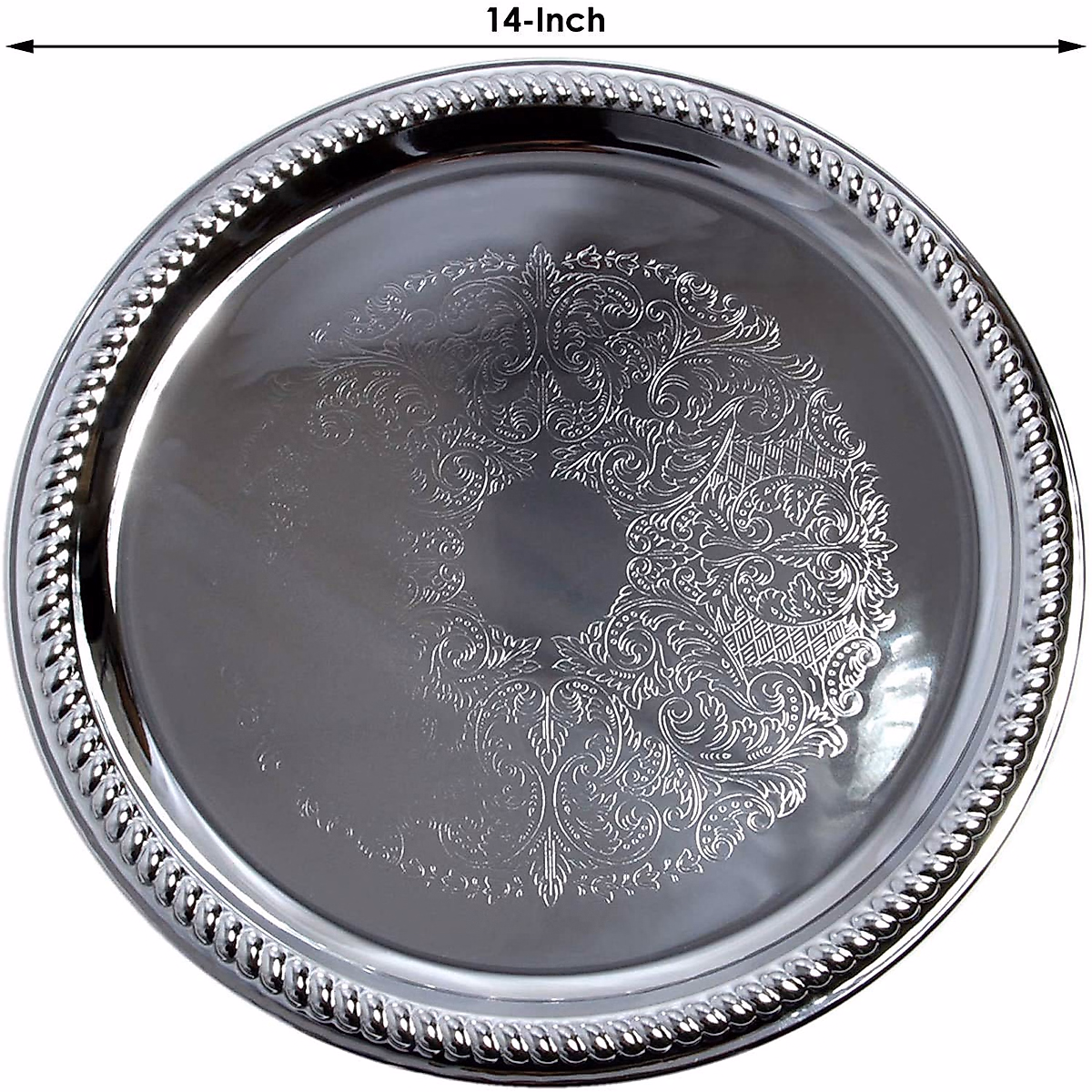 Maro Megastore (Pack of 4 14-Inch Traditional Round Floral Pattern Engraved Catering Chrome Plated Serving Tray Mirror Plate Silver Metal Platter Tableware Wedding Birthday (Extra Large) T139-14-4pk