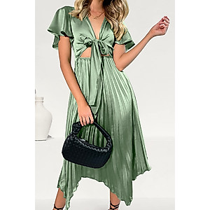 PRETTYGARDEN Women's 2023 Satin Summer Dress Short Sleeve V Neck Tie Front Cutout Pleated A Line Midi Dresses (Light Green,Medium)