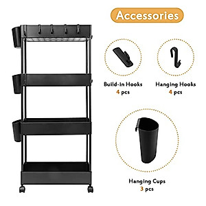 OVAKIA 4-Tier Slim Rolling Utility Cart Storage Shelves Trolley Storage Organizer Shelving Rack with Mesh Baskets/Wheel Casters for Laundry Pantry Bathroom Kitchen Office Narrow Places(Black)