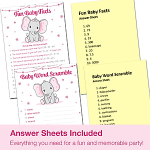 Papery Pop Baby Shower Games for Girl - Set of 4 Games for 30 Guests - Double Sided Cards - Baby Shower Supplies - Elephant