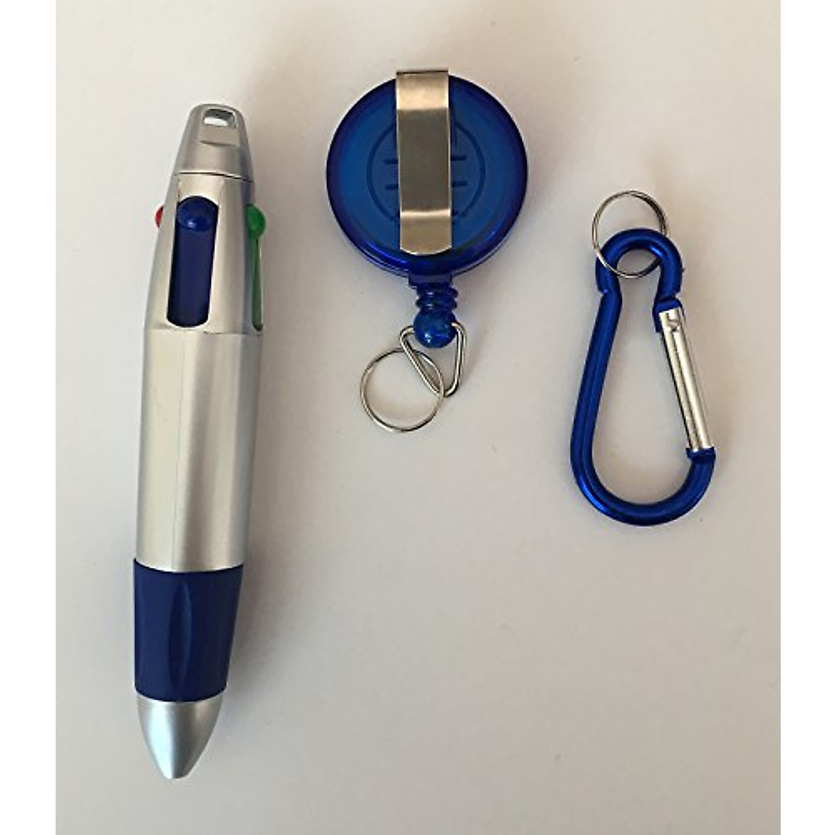 LUCKBOOSTIUM 4 Ink Colors Ballpoint Pen on Keychain - Multi Color Pens with Carabiner, Retractable Reel Holder, and Belt Clip - Gift for Nurses, Students, Teachers, Colleagues (Silver, 4 Pack)