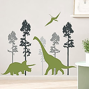 Giant Green Dinosaur Wall Decals Jungle Black Tree Wall Stickers DIY Removable Big Pin Trees Dinosaurs Nature Forest Wall Art Decor for Kids Teens Bedroom Living Room Nursery Playroom Decoration DT-67