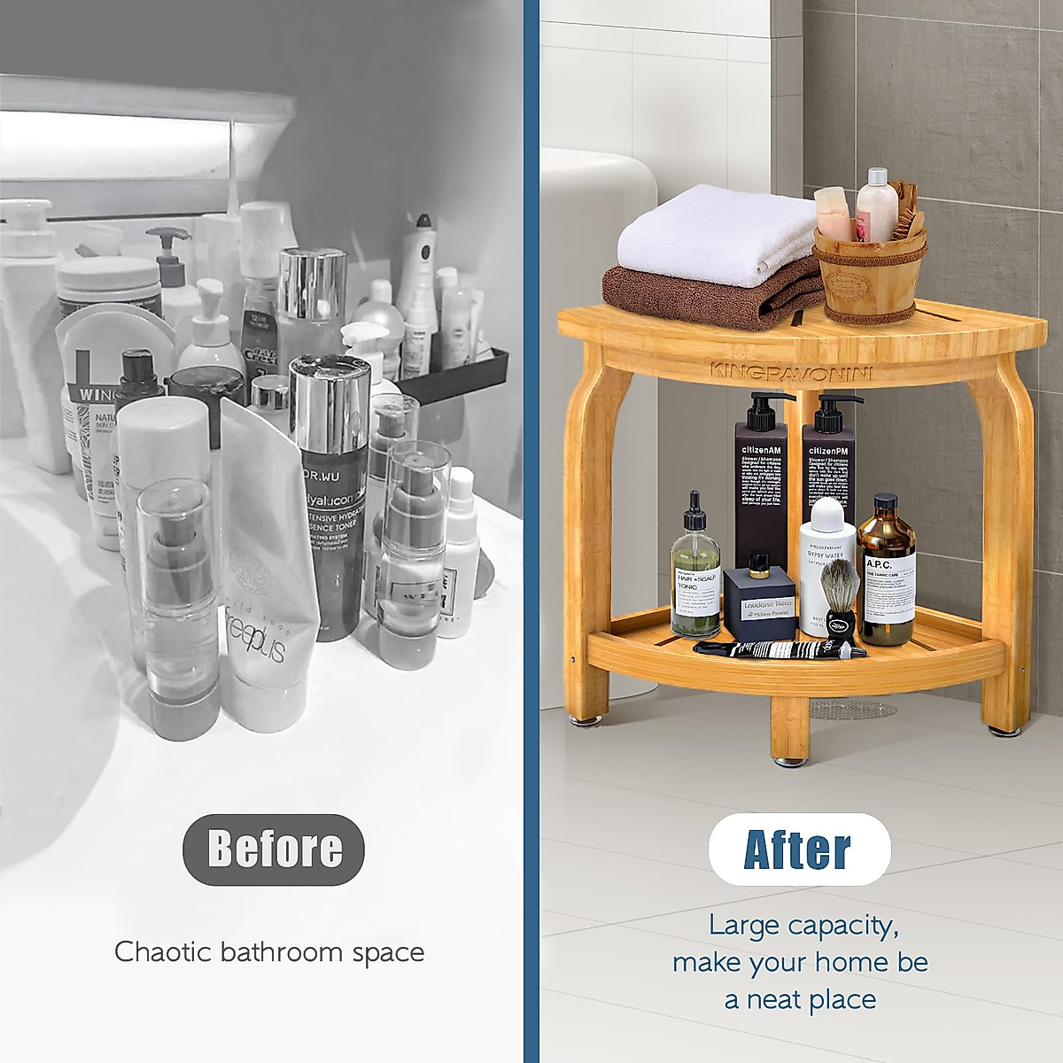 KingPavonini Bamboo Corner Shower Stool for Shaving Legs Foot Rest, Waterproof Bath Bench Seat with Storage Shelf for Bathroom Inside Shower, Hold Up to 450Lbs(Bamboo)