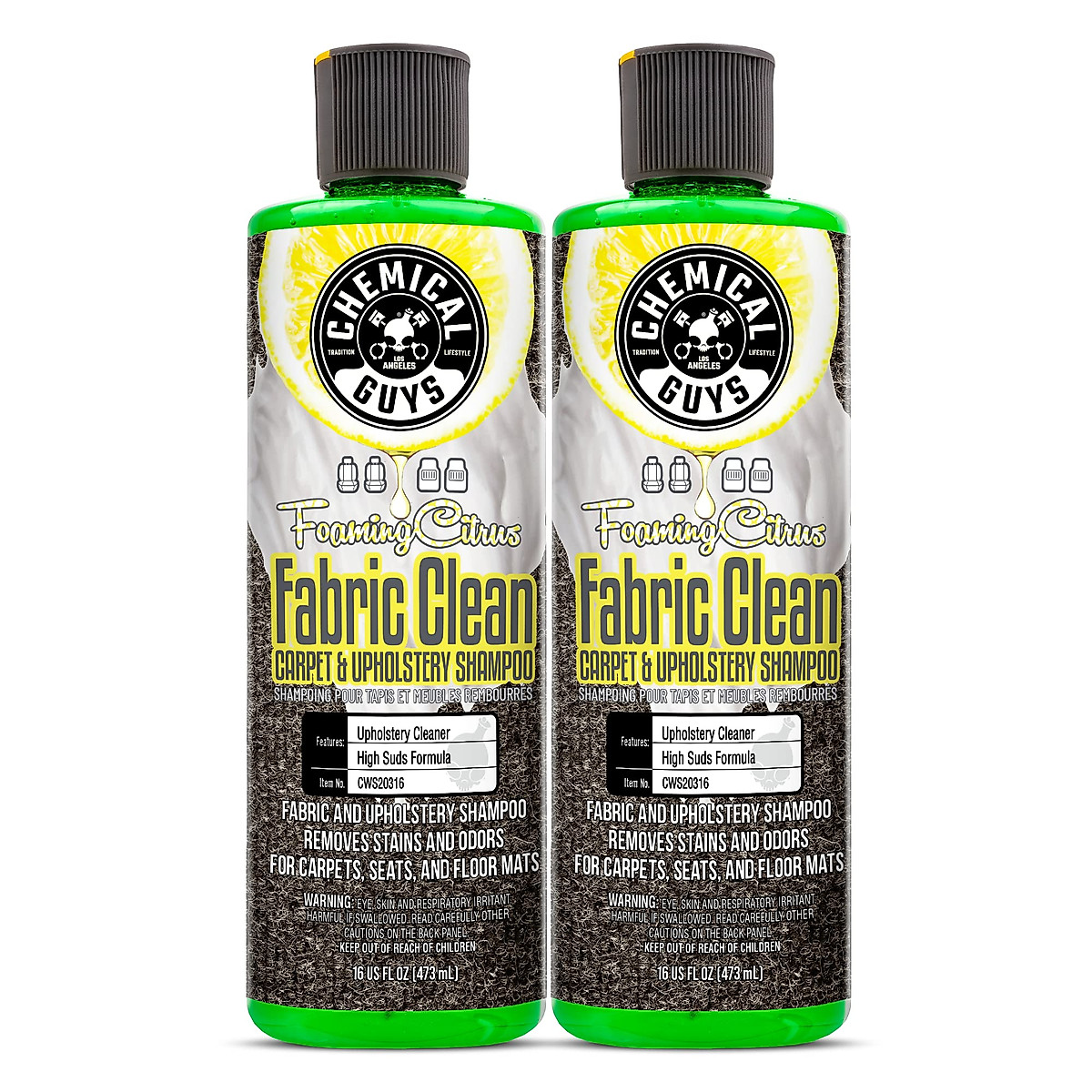 Chemical Guys CWS2031602 Foaming Citrus Fabric Clean Carpet & Upholstery Shampoo & Odor Eliminator (Car Carpets, Seats & Floor Mats), Safe for Cars, Home, Office, & More , 16 fl oz, 2 Pack