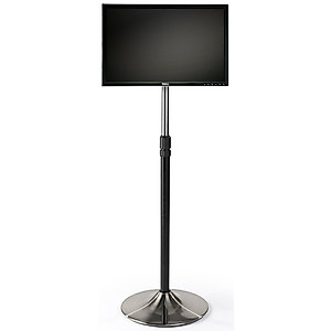 Displays2go Television Mount Pole with Round Base, Height Adjustable Pole, Steel Construction – Black & Brushed Silver (TVSVM1332B)