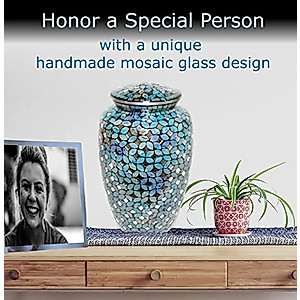 Mosaic Glass Cremation Urn - Hand Made Funeral Urn for Human Ashes - Large Adult Size Burial Urn - Aluminum with Hand applies Individual Tiles Create a one of a Kind Work of Art - 200 cu in (Blue)