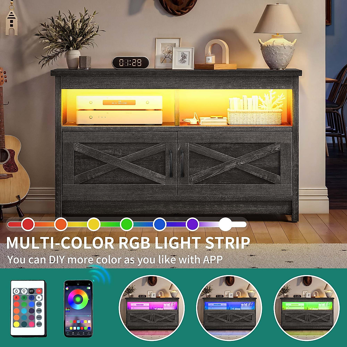 YITAHOME Farmhouse TV Stand with LED Light and Power Outlet, TV Media Console for up to 40 Inch TV, Rustic Entertainment Center Table TV Cabinet for Living Room, Dark Grey, 35'' Wide