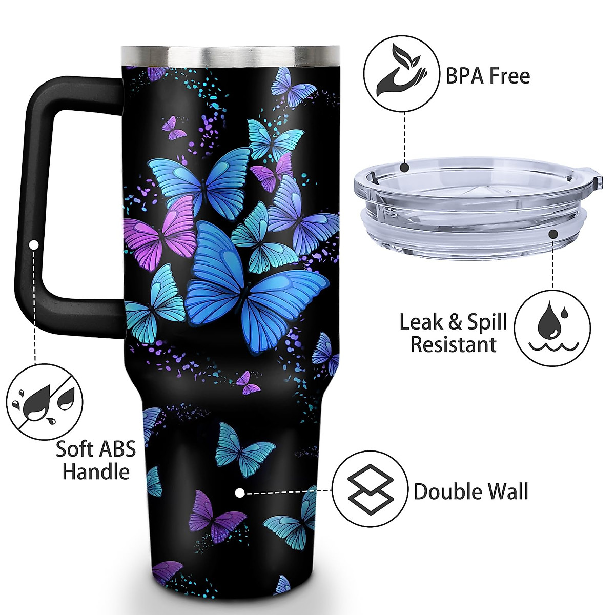 Thmasamwr Butterfly Tumbler With Lid, Straw and Handle - 40oz Stainless Steel Travel Coffee Mug Water Bottle - Gift Cup for Women and Girls