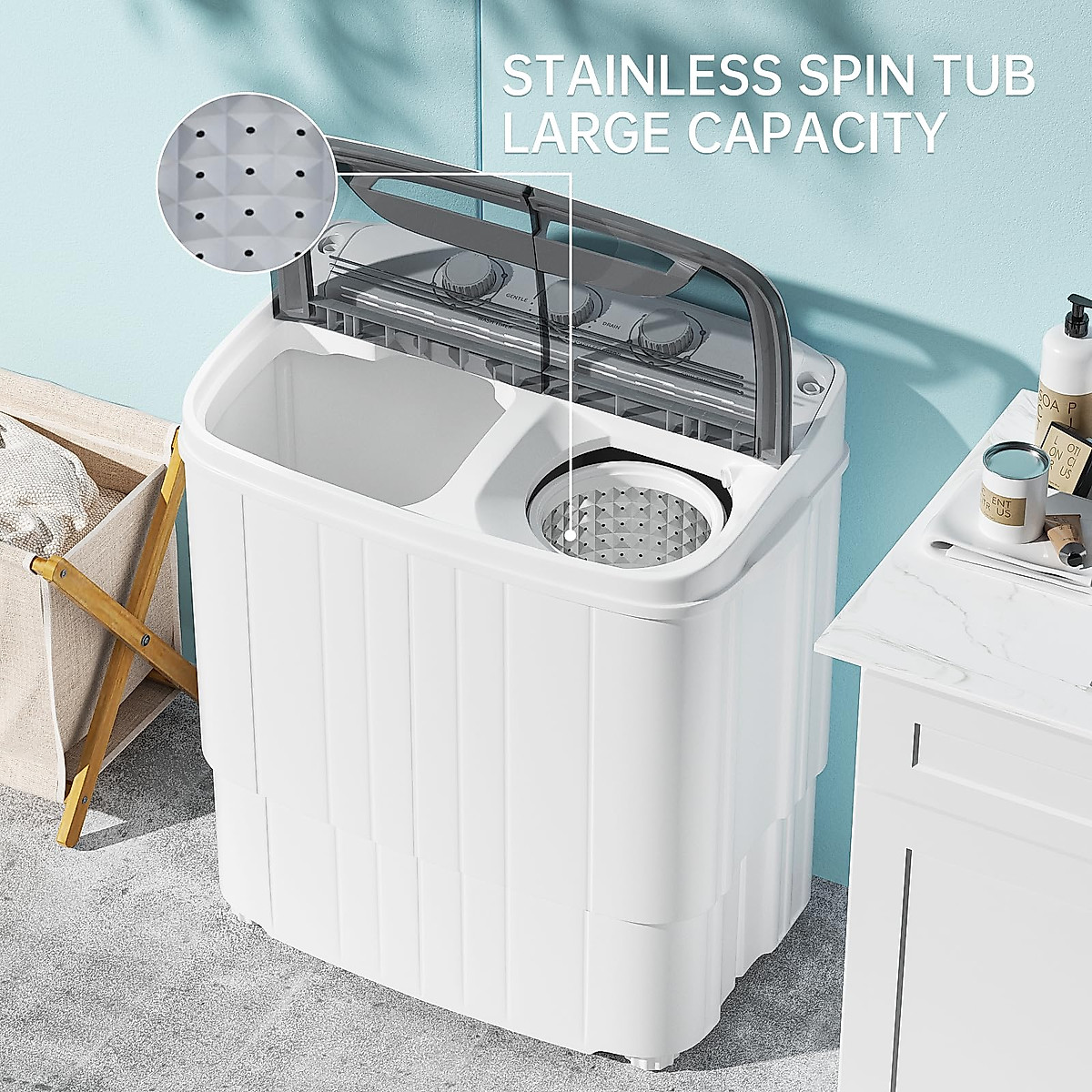 INTERGREAT Portable Washing Machine, 22 lbs Mini Small Washer Machine Combo with Spin Dryer, Compact Twin Tub Laundry Washer Machine for Apartments, Dorm, Rv, Camping, Gray