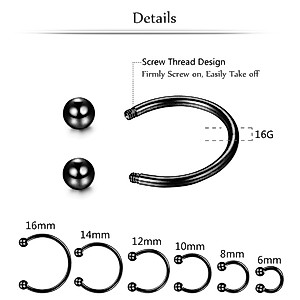 ORAZIO 12Pcs 14-16G Stainless Steel Nose Rings Septum Piercing Cartilage Horseshoe Earring Body Piercing 6MM-16MM Black And Silver Tone