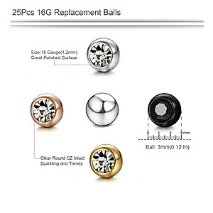 ORAZIO 25Pcs 16G Stainless Steel Replacement Balls Piercing Jewelry Balls for Women Men 3mm