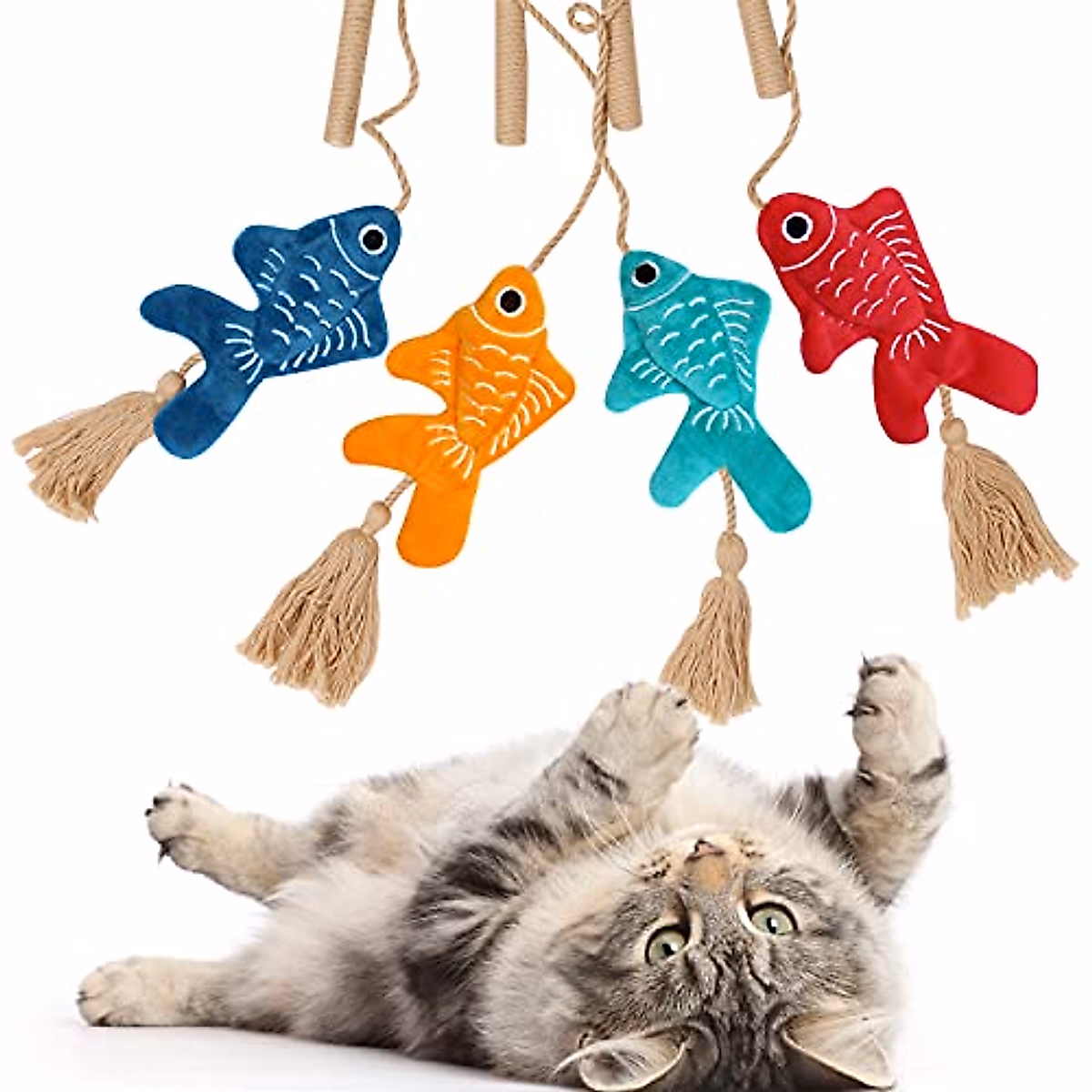 CiyvoLyeen Goldfishes Cat Wand Catnip Toys with Tassels Kitten Fishes Teaser Chew Knickknack Interactive Fishing Rod Pillows Catmint Plush Kitty Plaything Gift Ideas Set of 4