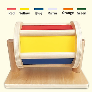 SGVV90 Wooden Spinning Rainbow Drum, Sensory Development Toys, Montessori Toys with Mirror and Bell for Baby Toddlers Gift