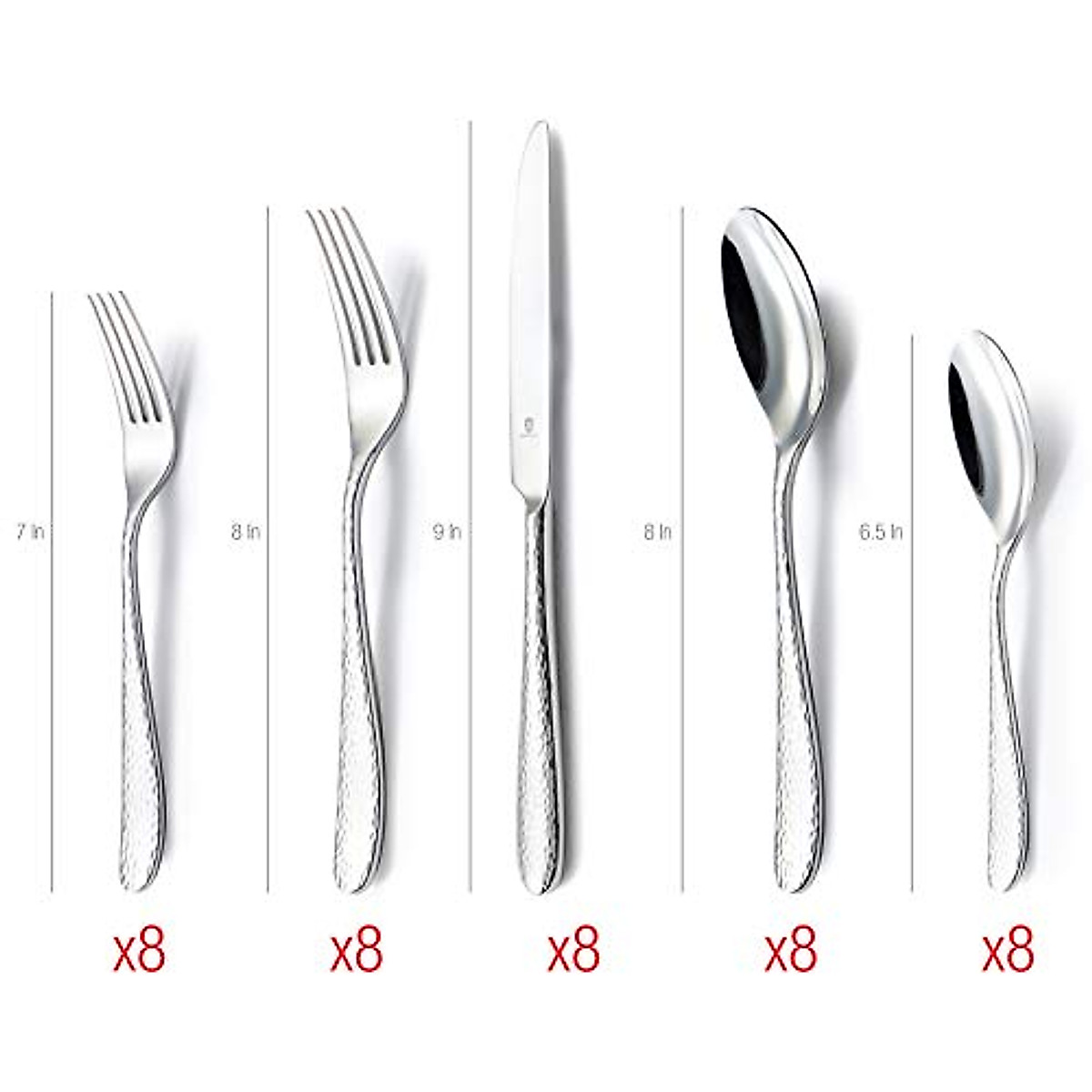 DANIALLI 40 Piece Silverware Set For 8, 18 10 Stainless Steel Silverware Set, Modern Fidenza Hammered Flatware Set, Knife/Fork/Spoon & Long Teaspoon/Salad Fork Mirror-Polished Dishwasher Safe Cutlery