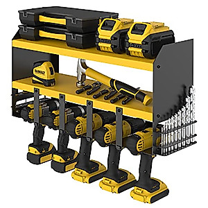 S SKSTYLE Power Tool Organizer - 5 Drill Holder, Wall Mount Shelf, Drill Shelf, Tool Shelf, Jobber Bit Workshop Rack - Premium Garage Storage & Organization, Cordless Drill Charging Station, Yellow