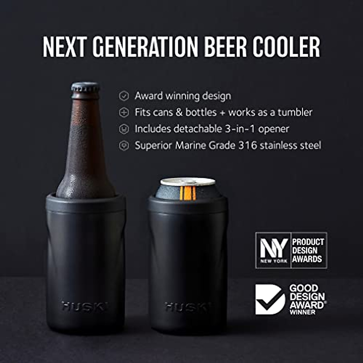 Huski Beer Cooler 2.0 | NEW | Premium Can and Bottle Holder | Triple Insulated Marine Grade Stainless Steel | Detachable 3-in-1 Opener | Works as a Tumbler | Best Gifts for Beer Lovers (Stainless)