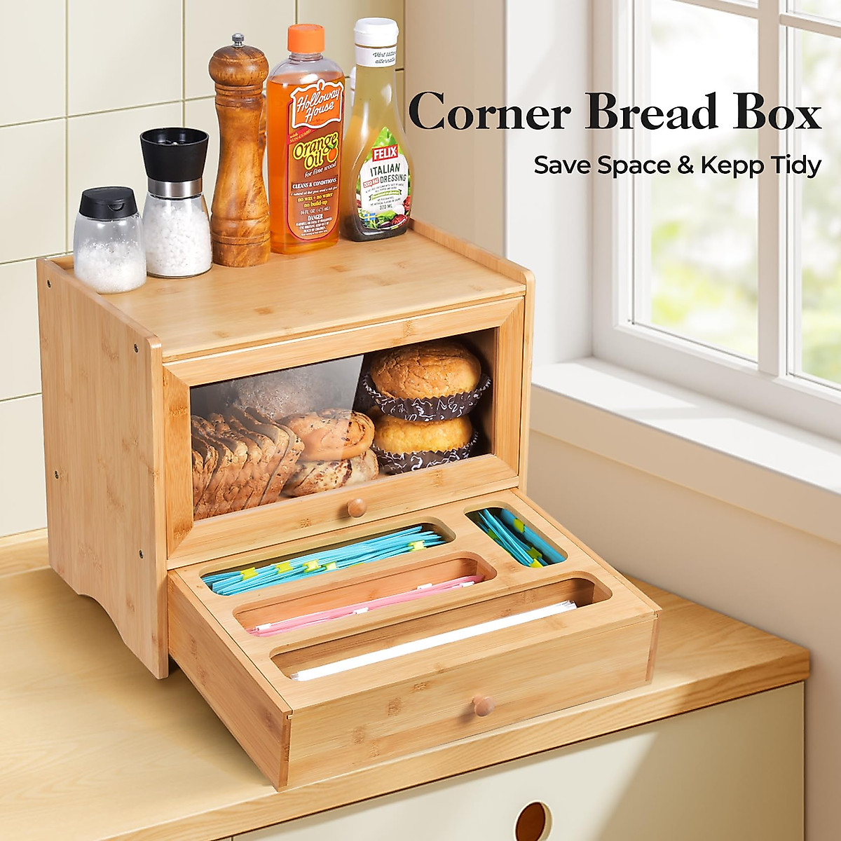 Bamboo Bread Box with Storage Bags Organizer, Corner Bread Box for Kitchen Countertop, Bread Box for Homemade Bread with Window, Bamboo Kitchen Zip Baggie Organizer for Drawer, Pantry Counter Corner