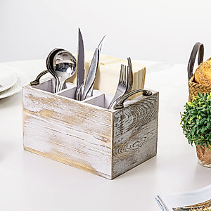 MyGift Vintage White Wood Dining Utensil Caddy and Napkin Holder - 4 Compartment Flatware Serving Storage Organizer with Antique Style Metal Handles