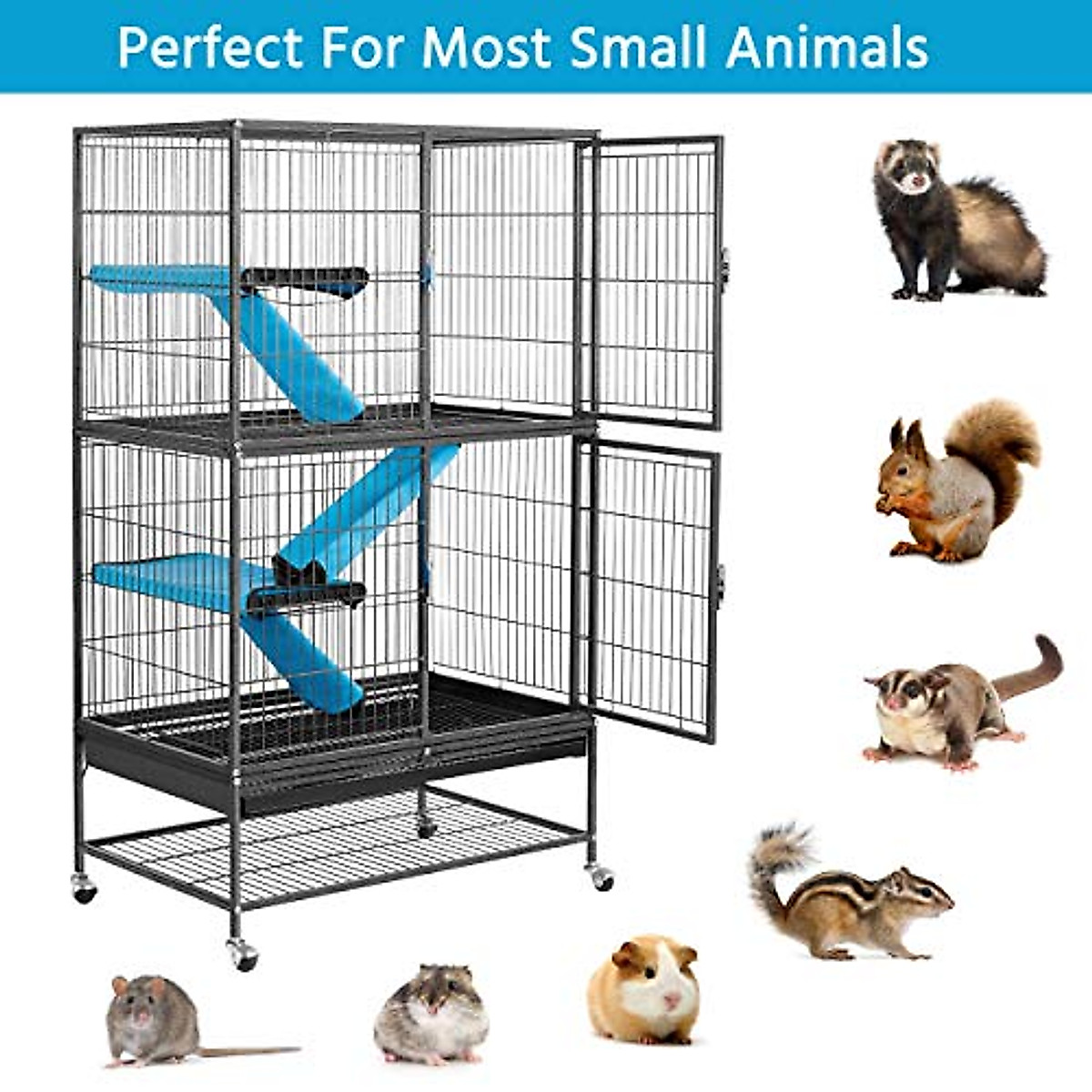 Yaheetech 2-Story Rolling Metal Small Animal Cage for Ferret Chinchilla Cage w/ 2 Removable Ramps/Platforms Black