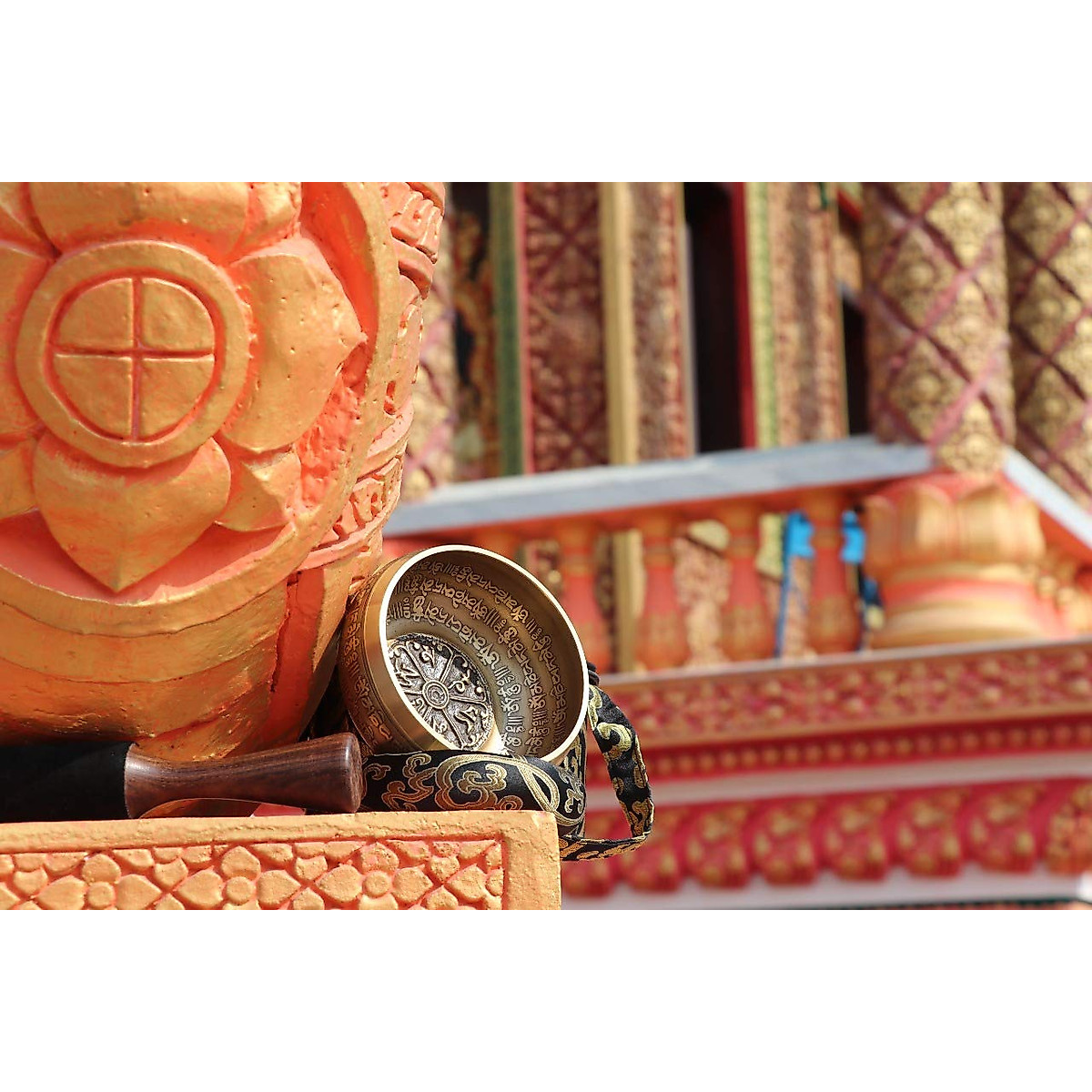 Tibetan Singing Bowl Set 4" ~ Bronze Mantra Design ~ With Carry Case, Dual Surface Mallet, Silk Cushion, and FREE Meditation e-book ~ Promotes Peace, Chakra Healing, and Mindfulness