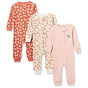 Amazon Essentials Baby Girls' Snug-Fit Cotton Footless Sleeper Pajamas, Pack of 3, Flowers/Garden Party, 12 Months