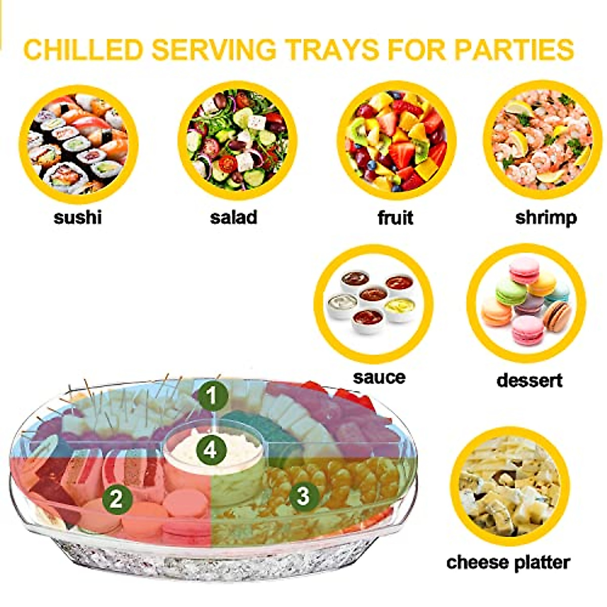 Fruit Platter Tray for Parties, Yatmung Serving Tray on Ice Serving Platter and Tray for Parties Veggie Tray with Lid 4 Section Catering Trays with Lids for Appetizers, Seafood, Desserts, 2 Layers