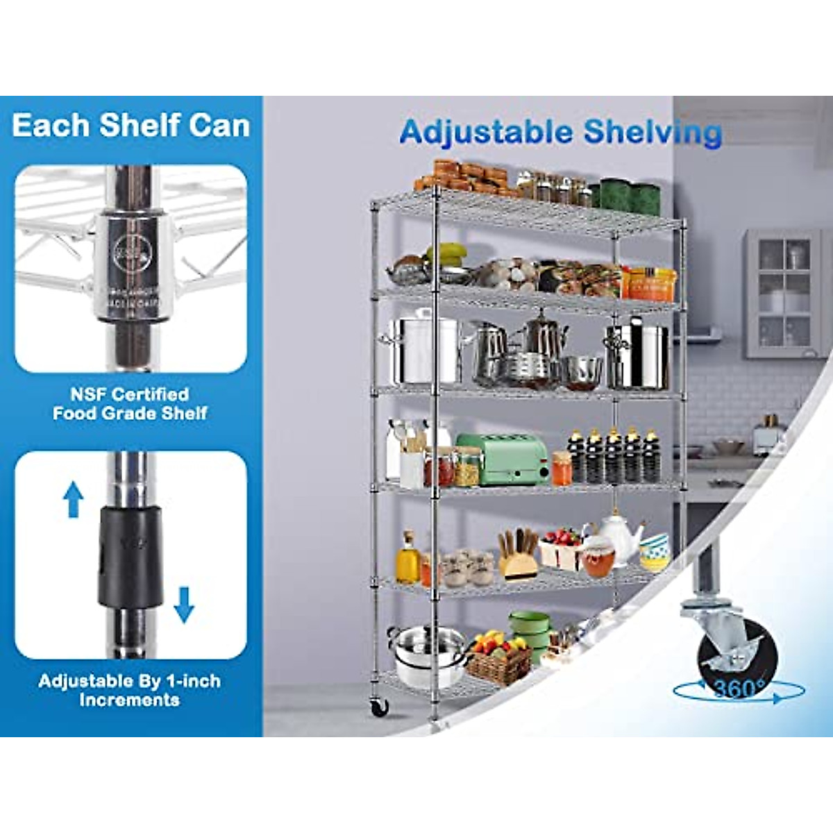 6-Tier Metal Wire Shelving Unit w/Wheels Height Adjustable Storage Rack NSF Certified Storage Shelves 2150/500 Lbs Capacity Standing Utility Shelf for Laundry Kitchen Pantry Garage Organization