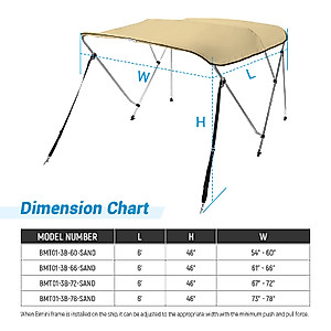 AA Products 3 Bow Bimini Top Cover Sun Shade Boat Canopy Waterproof Includes Storage Boot with Aluminum Frame, 46" Height with Rear Support Poles, 6'L x 46" H x 73"-78" W, Sand