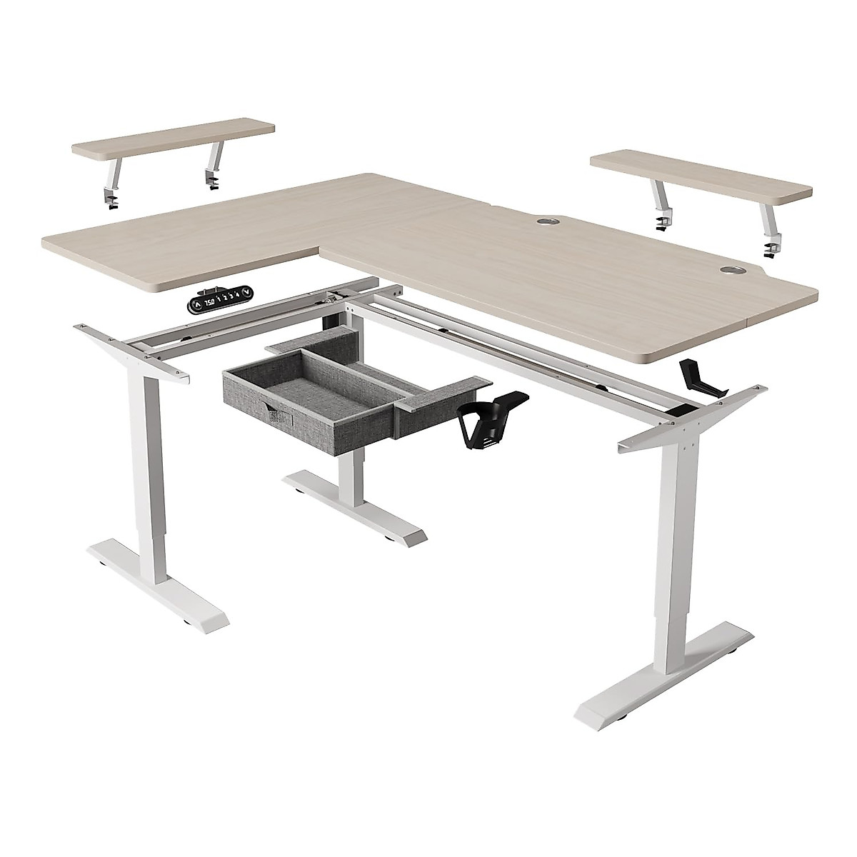 bilbil L Shaped Electric Standing Desk with Drawer, 62x47 Inches Adjustable Height Sit Stand Up Desk with Storage Shelf, Pale Pearwood Top/White Frame