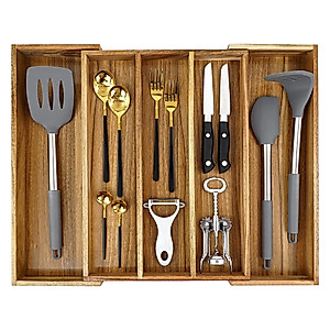 EcoFives Bamboo Silverware Organizer, Expandable Kitchen Drawer Organizer for Cutlery, Wooden Utensil Holder, Multi-Function Drawer Storage, 5-7 Compartments