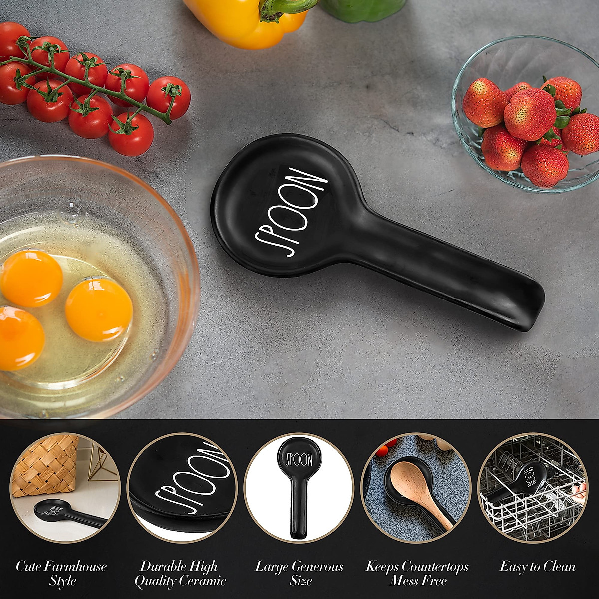 [Set of 2] Farmhouse Spoon Rests for Kitchen Counter by Brighter Barns - Black White Ceramic Spoon Rest for Stove Top - Stove Spoon Holder for Countertop - Coffee Spoon Rest - Farmhouse Kitchen Decor