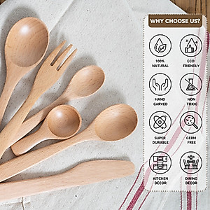 Wooden Spoon for Eating, Fork and Knife Set(6 pcs), Salad Spoon, Spreader Knife, serving spoon, Small Scoops for Canisters, Coffee Spoon, Portable Travel Tableware, Natural Wood Cutlery Set Reusable