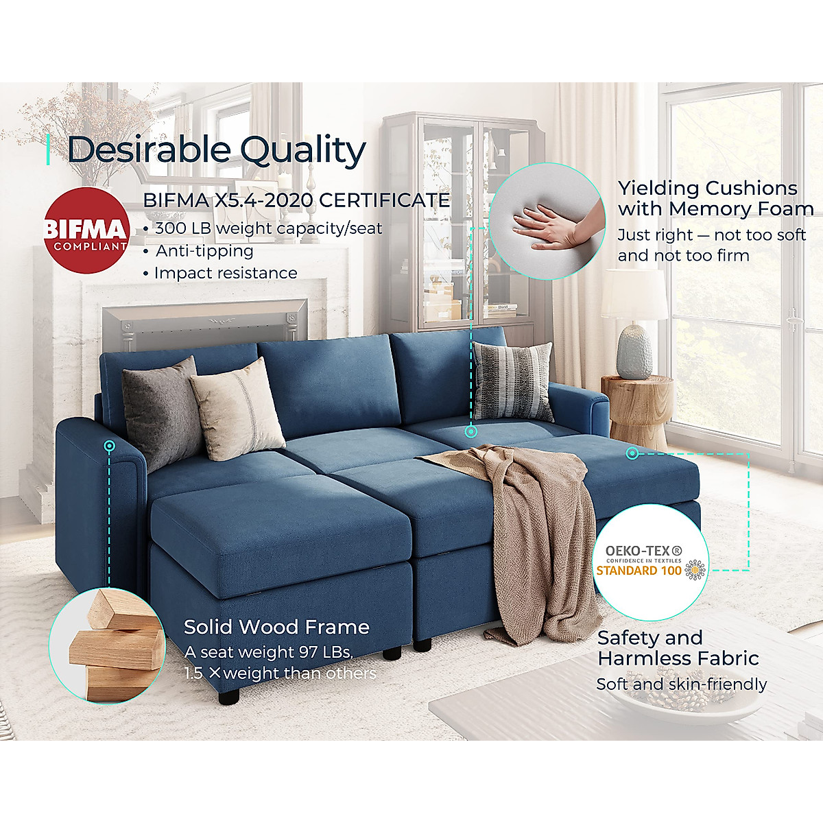 LINSY HOME Modular Sectional Sleeper Sofa, Sectional Couch with Ottoman Memory Foam, Storage Under Each Seat, Sofa Covers Washable Changeable, for Living Room, Blue