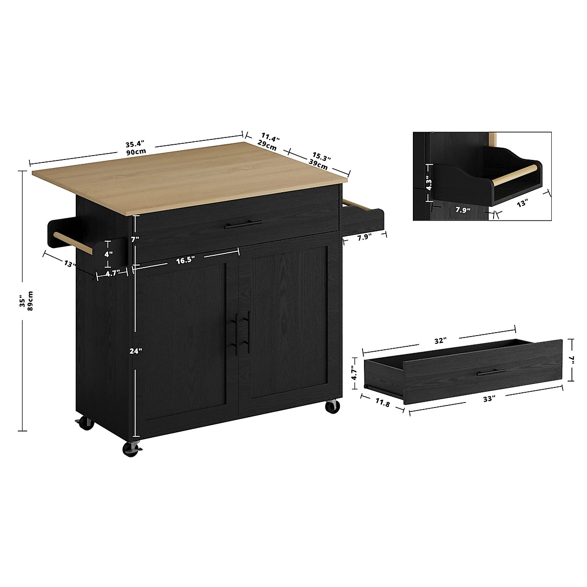 IRONCK Rolling Kitchen Island Table on Wheels with Drop Leaf, Storage Cabinet, Drawer, Spice/Towel Rack, Kitchen Cart, Black