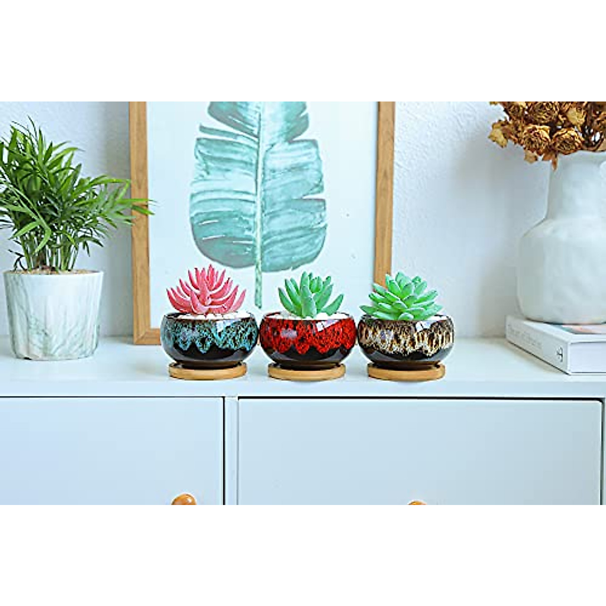 LAMDAWN Cute Ceramic Succulent Garden Pots, Planter with Drainage and Attached Saucer, Set of 5 -Plants Not Included (Round)