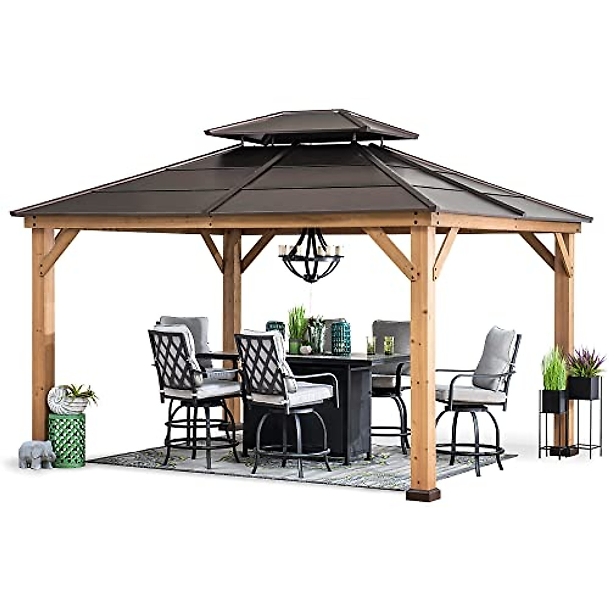 Sunjoy Hardtop Gazebo 11' X 13' Cedar Framed Wood Gazebo with Brown Double Steel Hardtop Roof Permanent Canopy for Garden, Backyard Shade