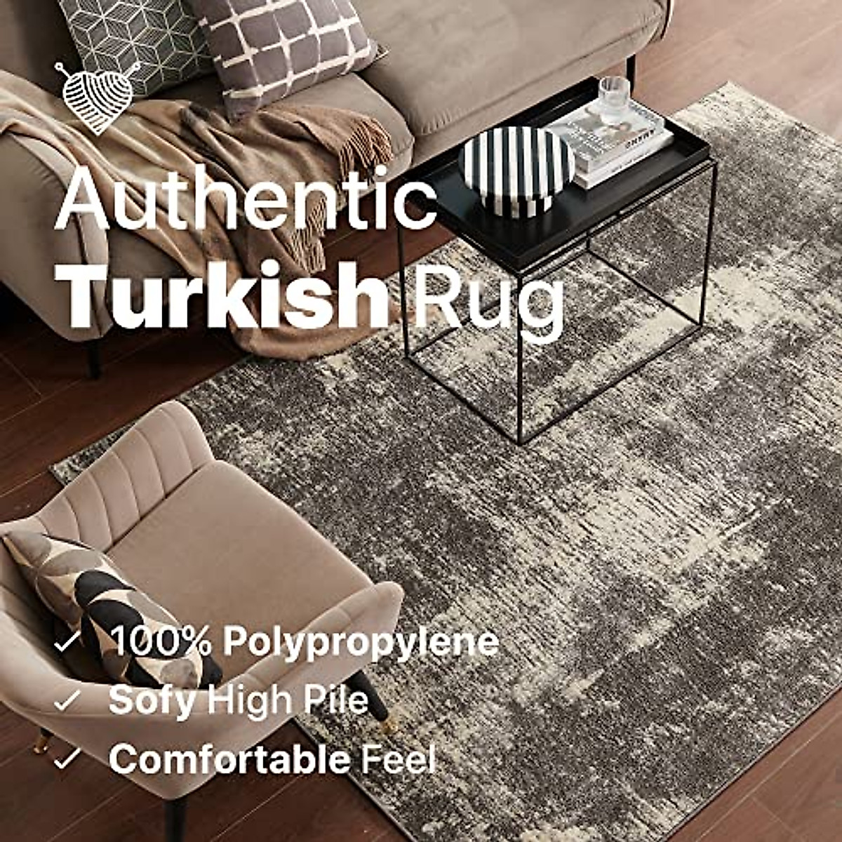 Eviva 5X7 Area Rugs for Living Room Polypropylene - Turkish Living Room Rugs Grey - 5x7 Area Rug for Bedroom W/Stain-Resistant - Grey Rugs for Living Room - Carpet for Bedroom - in Gray and White