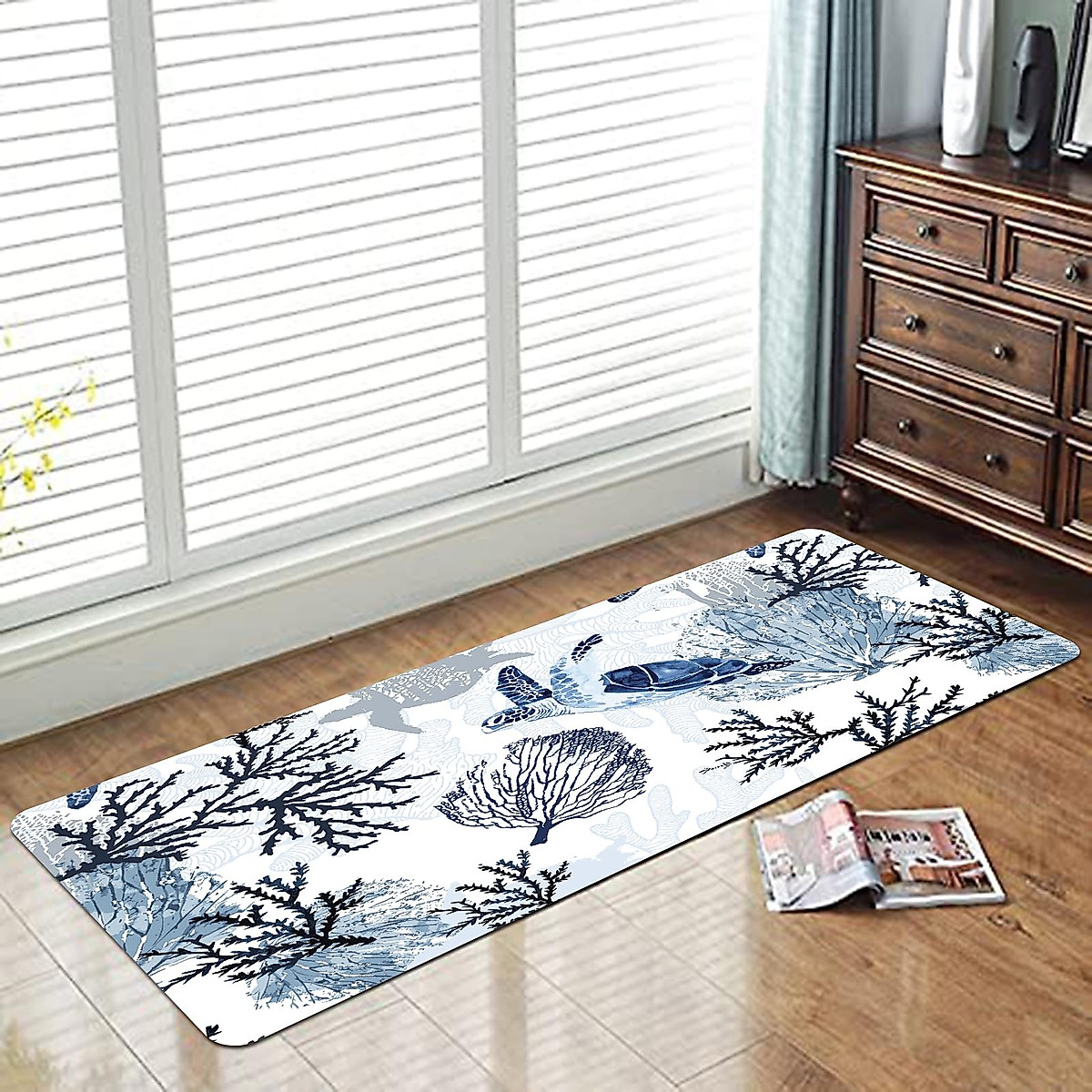 Coastal Beach Runner Rug for Hallway 2x6 Decorative Coral Sea Turtle Hallway Rugs Nautical Throw Rug Navy Blue Area Rug Non-Slip Floor Carpet for Bedroom Living Room Entrance Door Mat Washable Rug