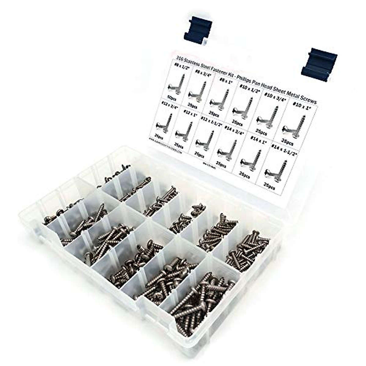 316 Stainless Steel Phillips Pan Head Sheet Metal Screw Assortment Kit Sizes #8 Through #14-326 Pieces