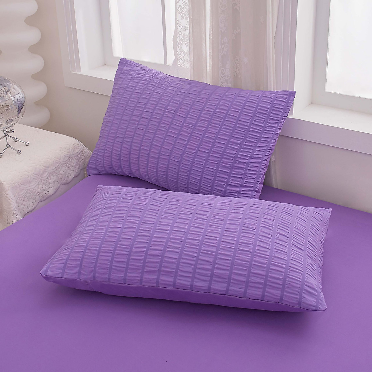 Yadangxiawa Seersucker Purple Queen Size Comforter Sets for Girls Women Boho Purple Seersucker Bedding Set & Collections 5 Pieces-Soft Lightweight Microfiber Bed Set for All Season,Queen 90''x90''…