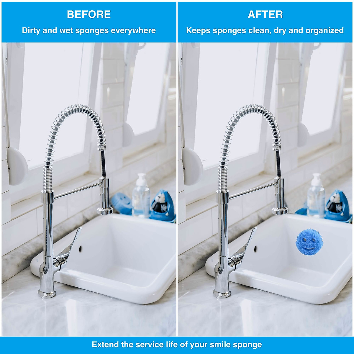 Omoojee Sponge Holder for Kitchen Sink and Bathroom, 2 Pack, Sponge Organizer with Suction Cup, Sponges Not Included(Patent Registering) (Blue+White)