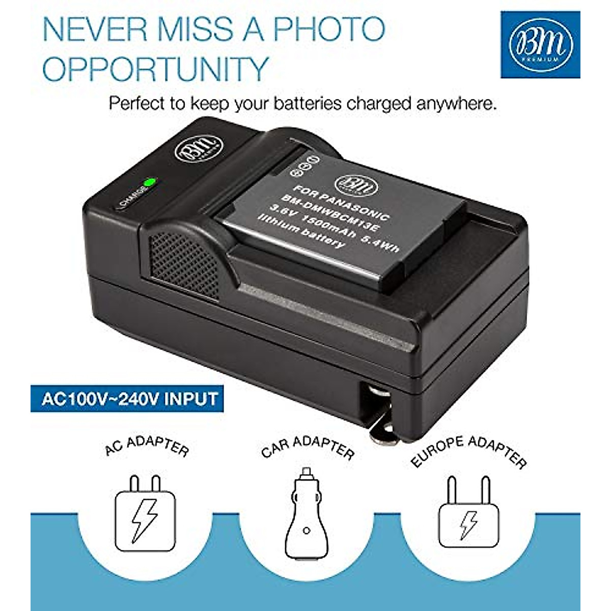 BM Premium 2 Pack of DMW-BCM13E Batteries and Charger for Panasonic Lumix DC-TS7,DMC-FT5A, LZ40, TS5, TS6, TZ37, TZ40, TZ41, TZ55, TZ60, ZS27, ZS30, ZS35, DMC-ZS40, DMC-ZS45, DMC-ZS50 Digital Cameras