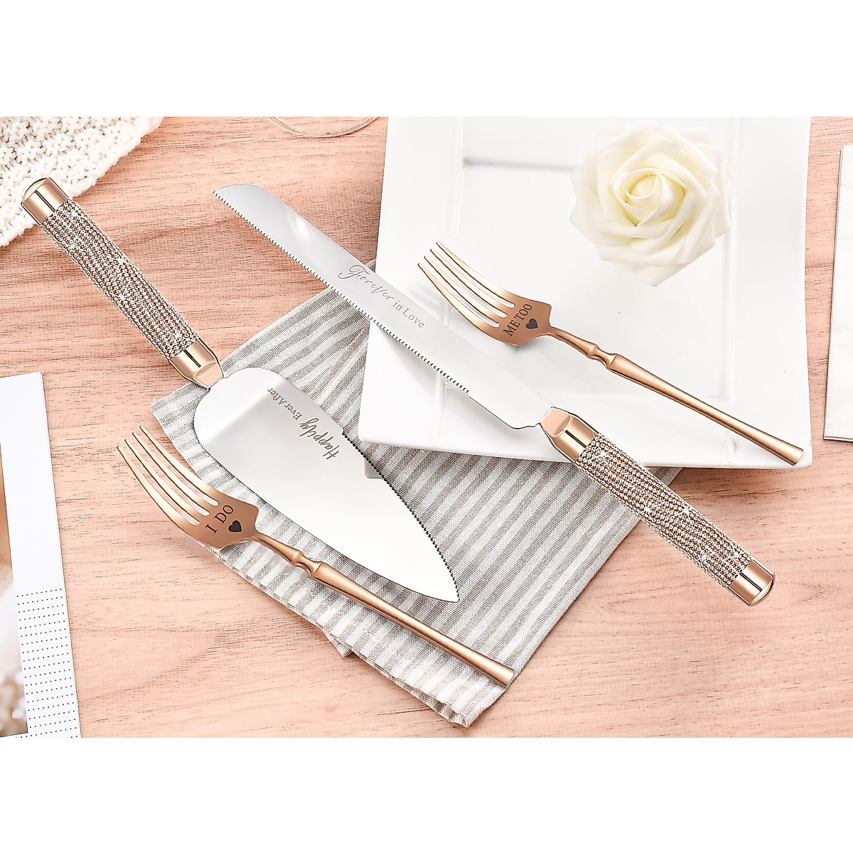 Wedding Cake Knife and Server Set, 420 Stainless Steel Rose Gold Cake Cutter and Pie Server Slicer, Rhinestones Studded Handle Cake Cutting Set for Wedding Gifts, Engagement Gifts for Groom and Bride
