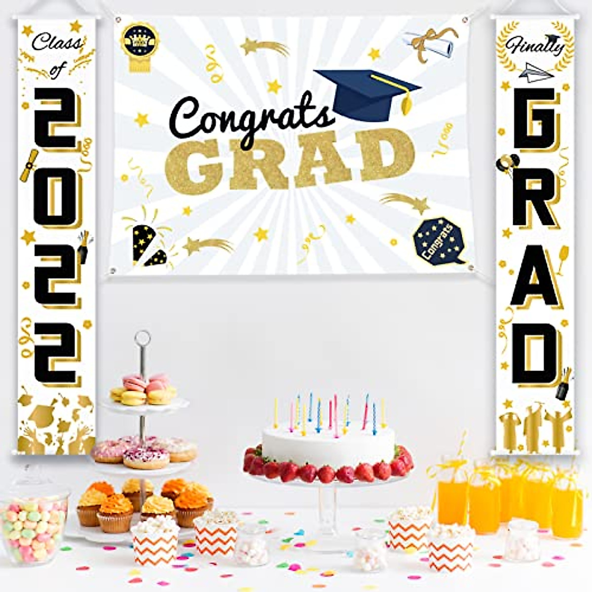 3PCS Graduation 2022 Decorations - Class of 2022 Graduation Banner Porch Signs for School College Congrats Grad Backdrop Graduation Party Supplies Hanging Door Wall Decorations Outdoor