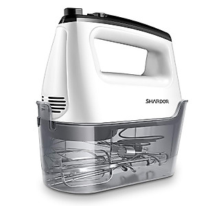 SHARDOR Hand Mixer Electric1.0, 6 Speed & Turbo Handheld Mixer with 5 Stainless Steel Accessories, For Whipping, Mixing Cookies, Brownie, Cakes, Dough Batters, Snap-On Storage Case, White