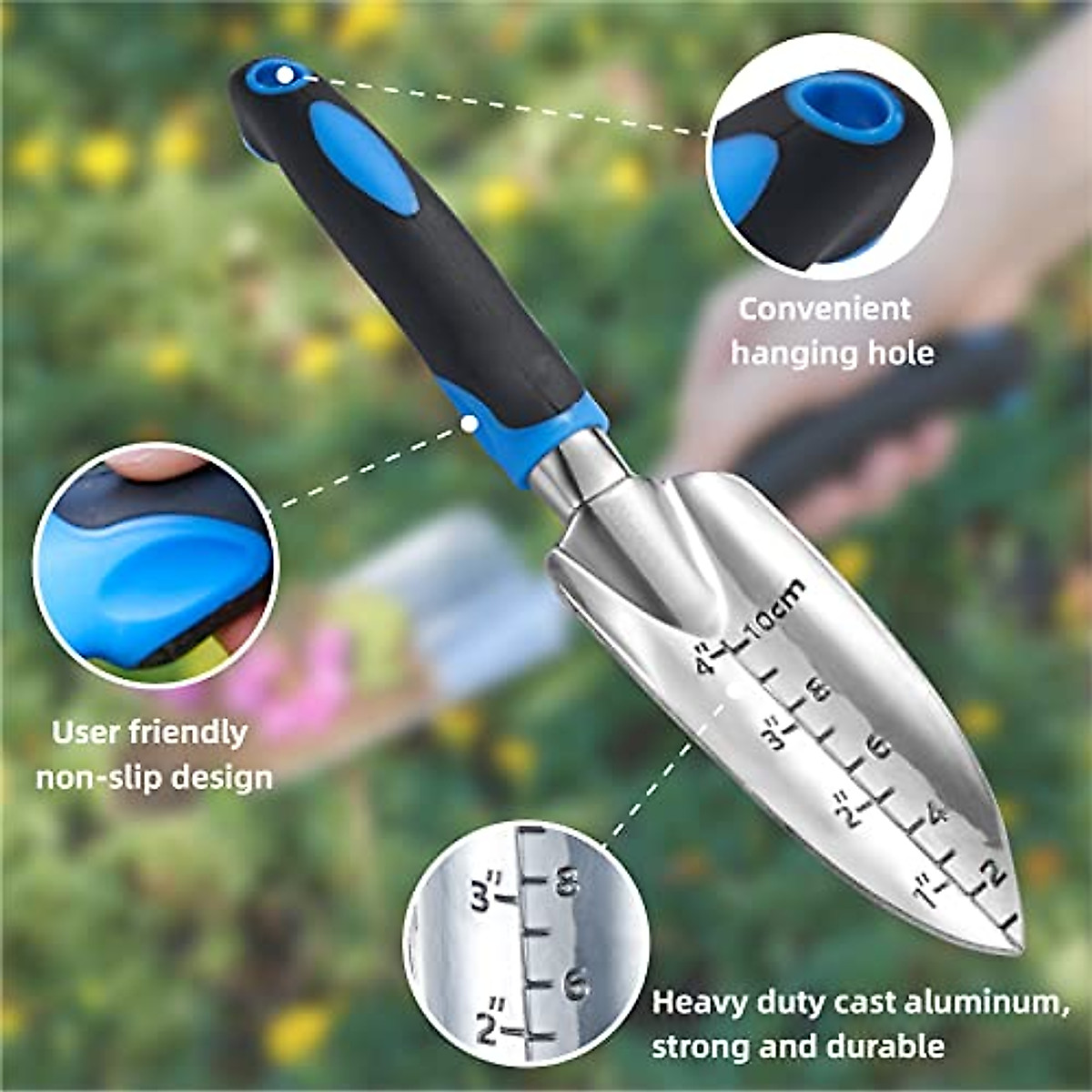 Sinoer Garden Tool Set, 3Piece Heavy Duty Cast-Aluminum Gardening Hand Tool Includes Hand Trowel, Transplant Trowel and Cultivator Hand Rake with Soft Rubberized Non-Slip Ergonomic Handle - Blue
