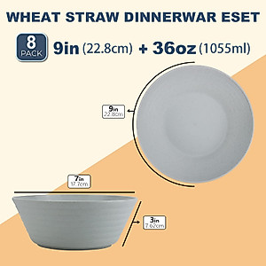 Wrova Wheat Straw Dinnerware Sets - 8 set Unbreakable Microwave Safe Dishes - Reusable Wheat Straw Plates and Bowls Sets for Kitchen - Kid’s Wheat Straw Bowls and Plate for Cereal, Soup (Light Grey)