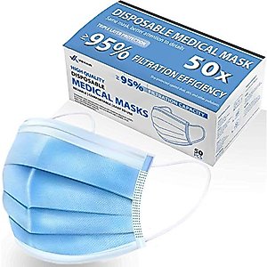 Voxkin Blue Disposable Medical Face Masks Pack of 50 - Lab Tested, 3 Ply Protection - Effective Filtration, Breathable Facial Masks with Earloop, Mouth & Nose Protection Dust Safety Masks